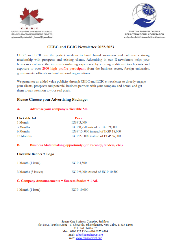 CEBC 2022 Advertisement Rates | Canada Egypt Business Council